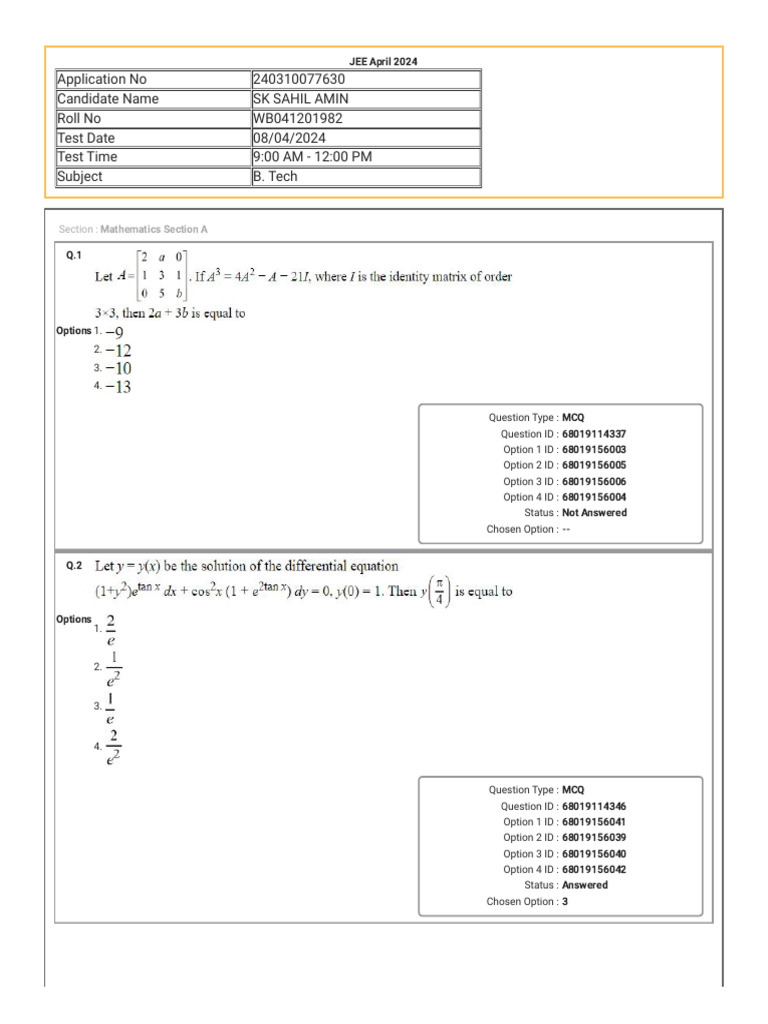 Jee Mains Answer Key 24 Session 2 Q | PDF | Multiple Choice | Evaluation