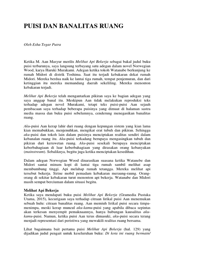 Aan Mansyur Melihat Api Bekerja Puisi Dan Banalitas Ruang | PDF | Puisi