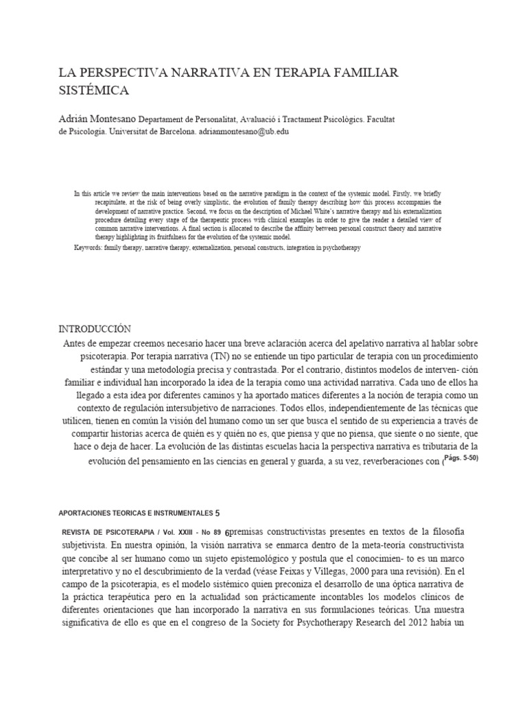 DAV-La Perspectiva Narrativa en Terapia Fami | PDF | Psicoterapia | Trastorno mental