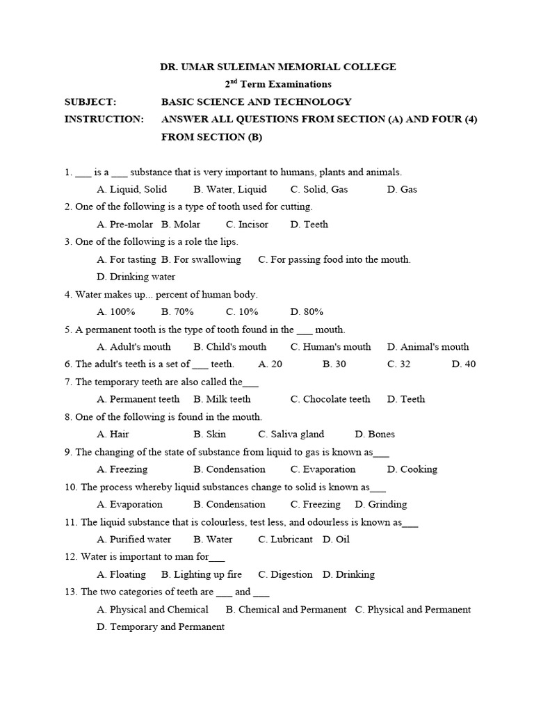 Basic Science 2nd Term Exam | PDF | Tooth | Foods