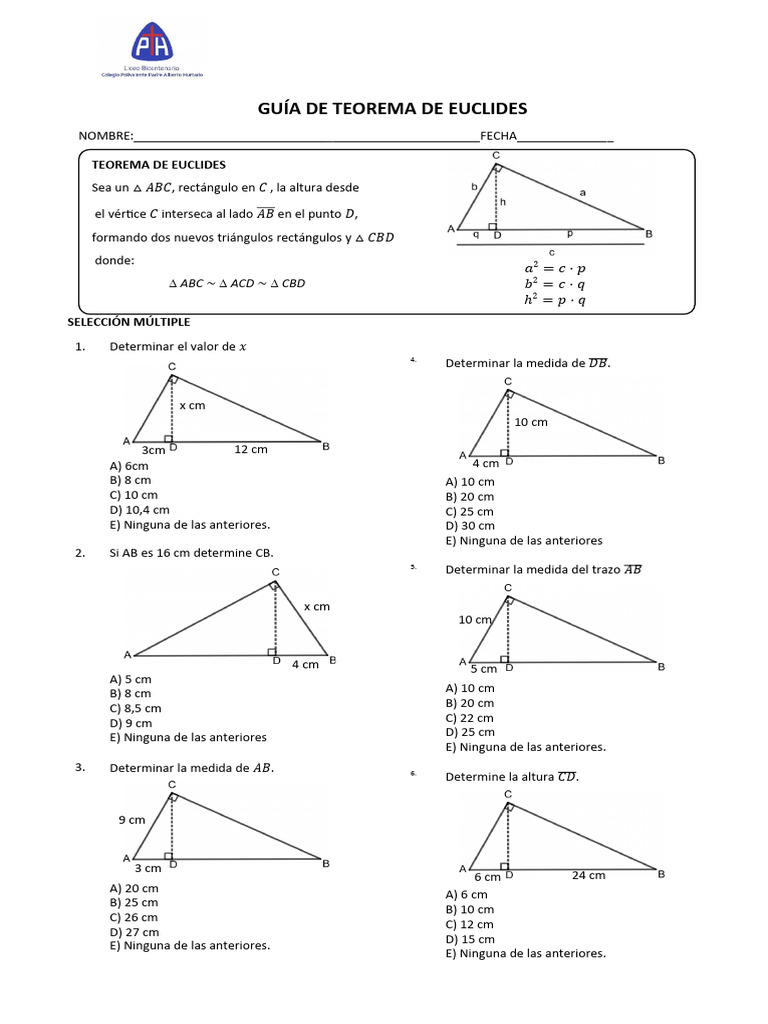 GUÍA TEOREMA DE EUCLIDES SELECCIÓN MÚLTIPLE | PDF | Geometría Elemental | Geometría del plano ...