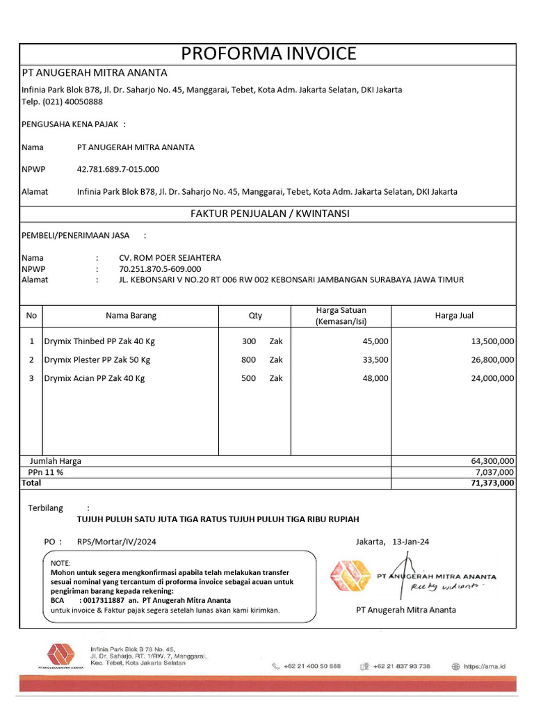Proforma Invoice PT Anugerah | PDF