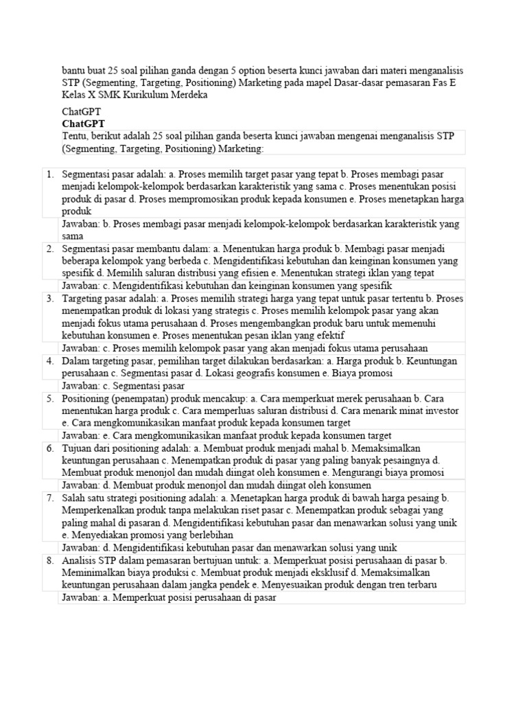 Chat GBT 25 Soal Pilihan Ganda Dari Materi Menganalisis STP Benar | PDF