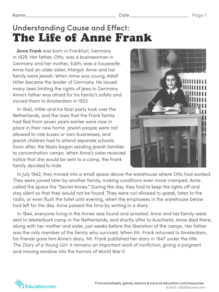 The Life of Anne Frank Understanding Cause and Effect | PDF | Anne ...