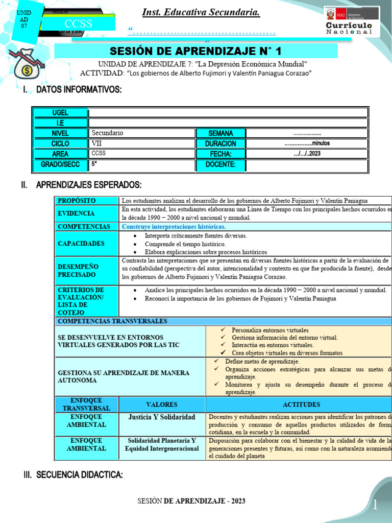 Sesion CCSS 5° Sec-Semana 01 Uni 7 Fujimori | Descargar gratis PDF | Aprendizaje | Evaluación
