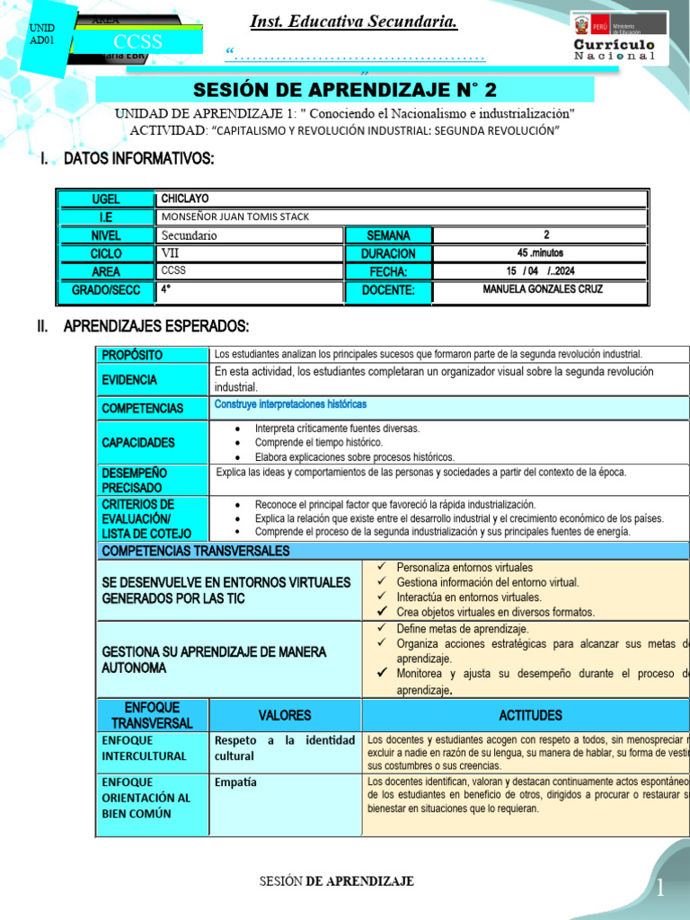 SESION CCSS 4° SEC-SEMANA 02.industrializacion | PDF | Aprendizaje | Evaluación