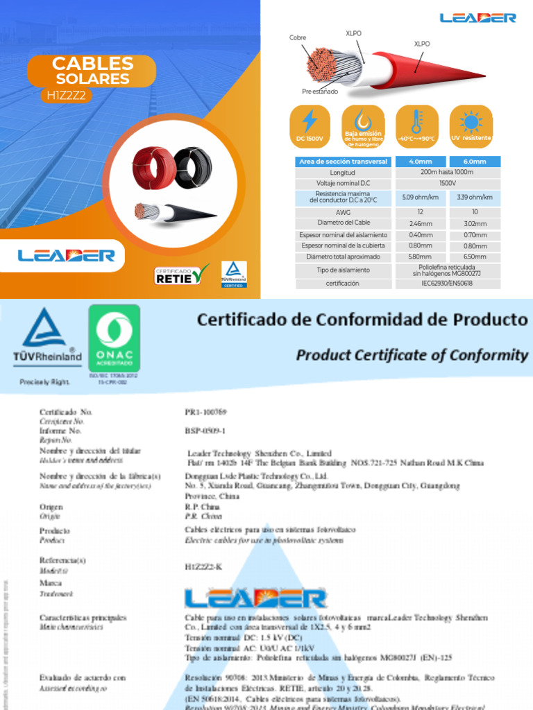 CABLE SOLAR LEADER 4MM y 6MM CERTIFICADO RETIE | PDF | Ciencia de los ...