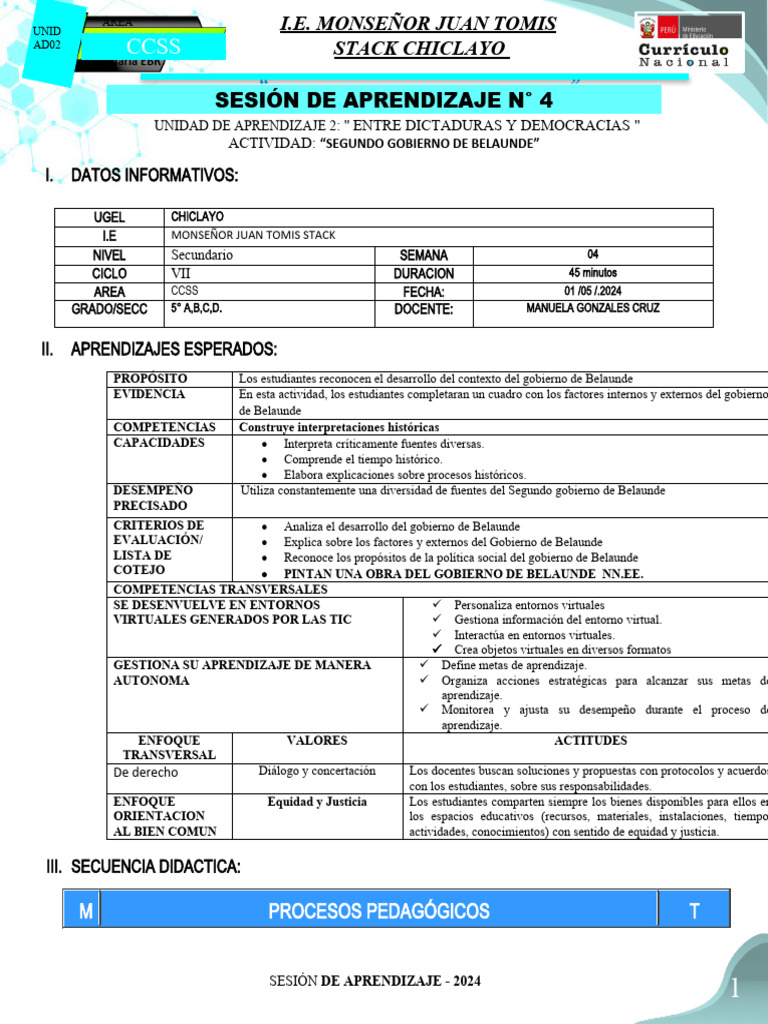 SESION CCSS 5° SEM04 UNII BELAUNDE | PDF | Aprendizaje | Evaluación