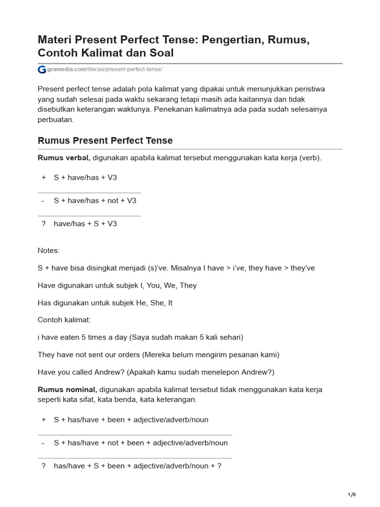 Materi Present Perfect Tense Pengertian Rumus Contoh Kalimat Dan Soal | PDF