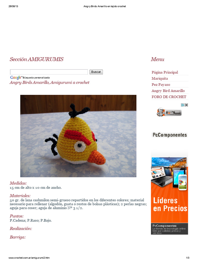 Angry Birds Amarillo en Tejido Crochet | PDF | Tejer | Manualidades