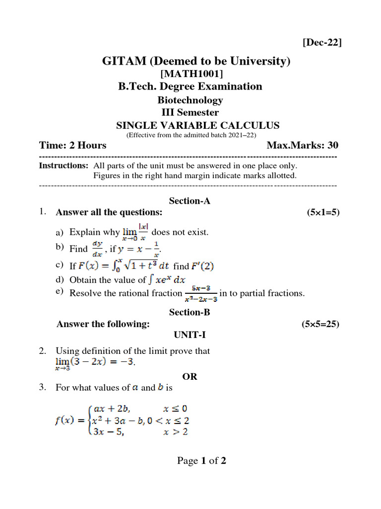 Single Variable Calculus Exam Guide | PDF | Mathematical Analysis ...