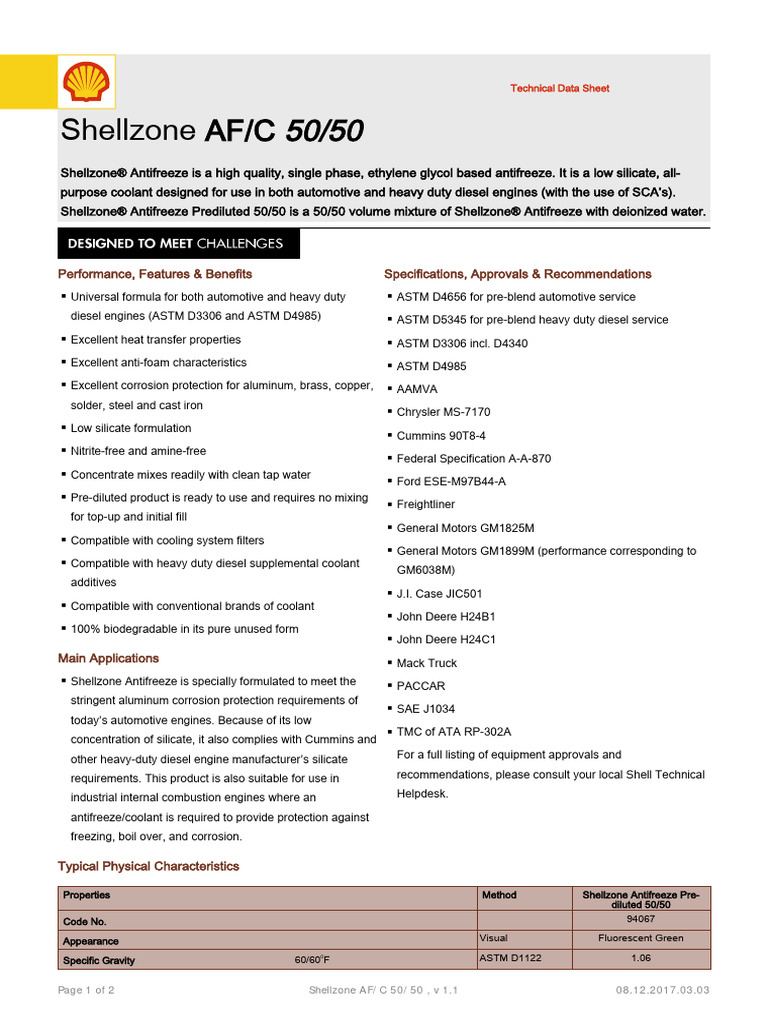 Shellzone Antifreeze Coolant 50 - 50 Datasheet | PDF | Materials ...