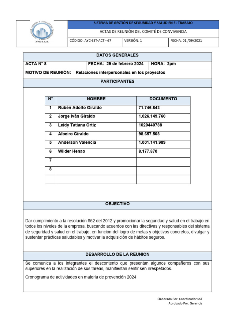 AYC-SST-ACT - 66 Actas de Reunión Del Comité de Convivencia FEBRERO | PDF
