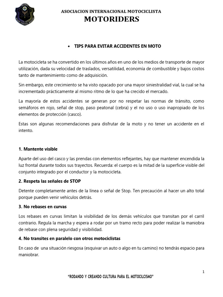 TIPS-PARA-EVITAR-ACCIDENTES-EN-MOTO-AIM-MOTORIDERS | PDF | Tráfico ...