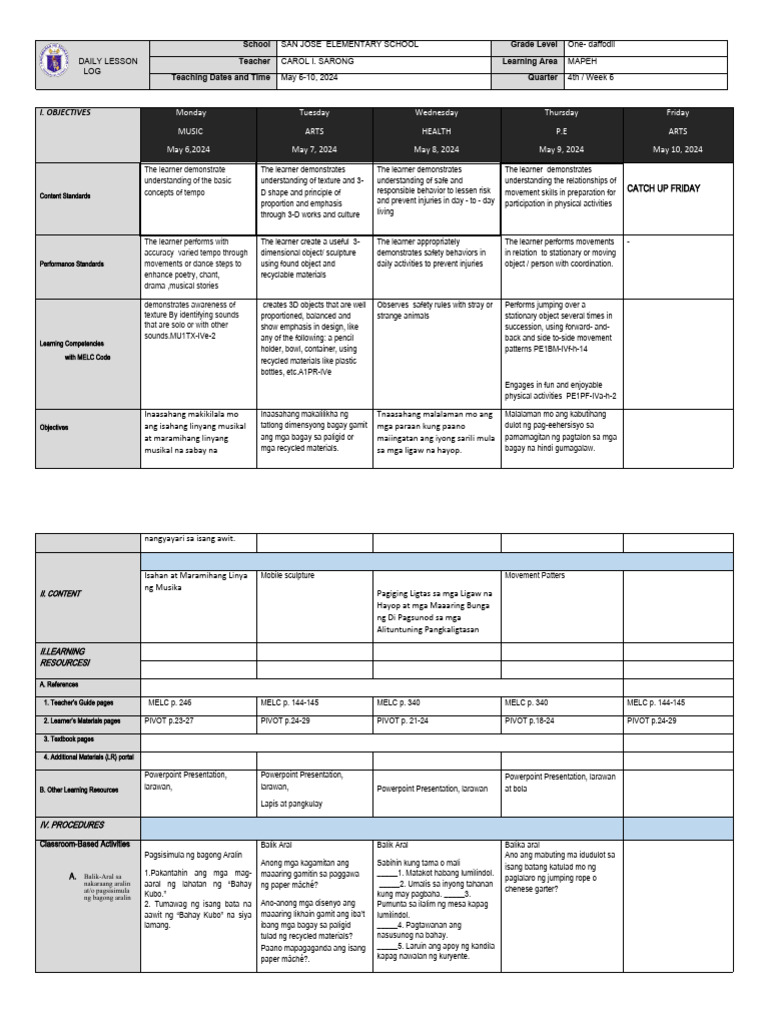 DLL Mapeh W6 Q4 | PDF