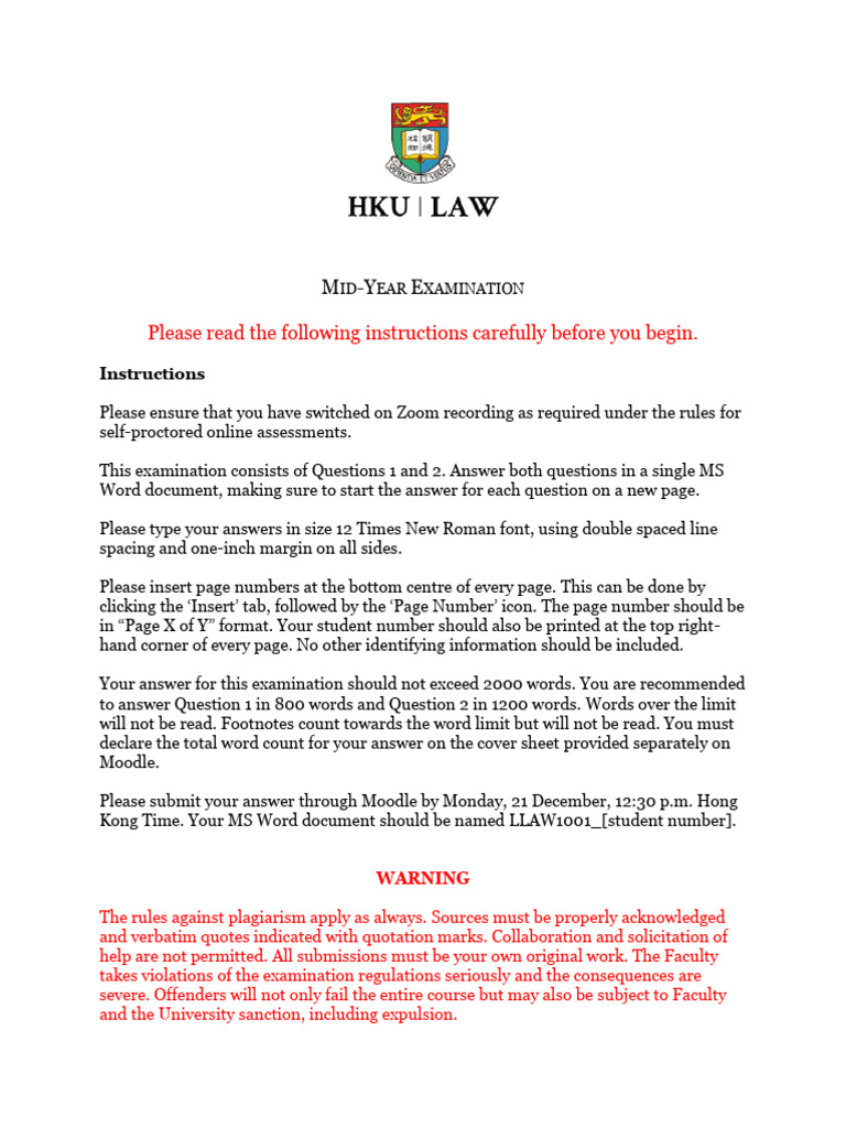Mid-Year Examination Instructions and Questions | PDF | Legal Liability