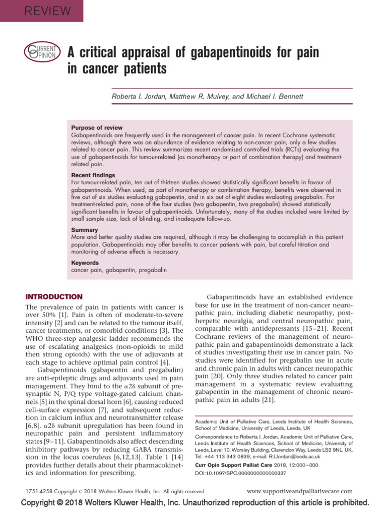 2. A Critical Appraisal of Gabapentinoids for Pain in Cancer Patients ...