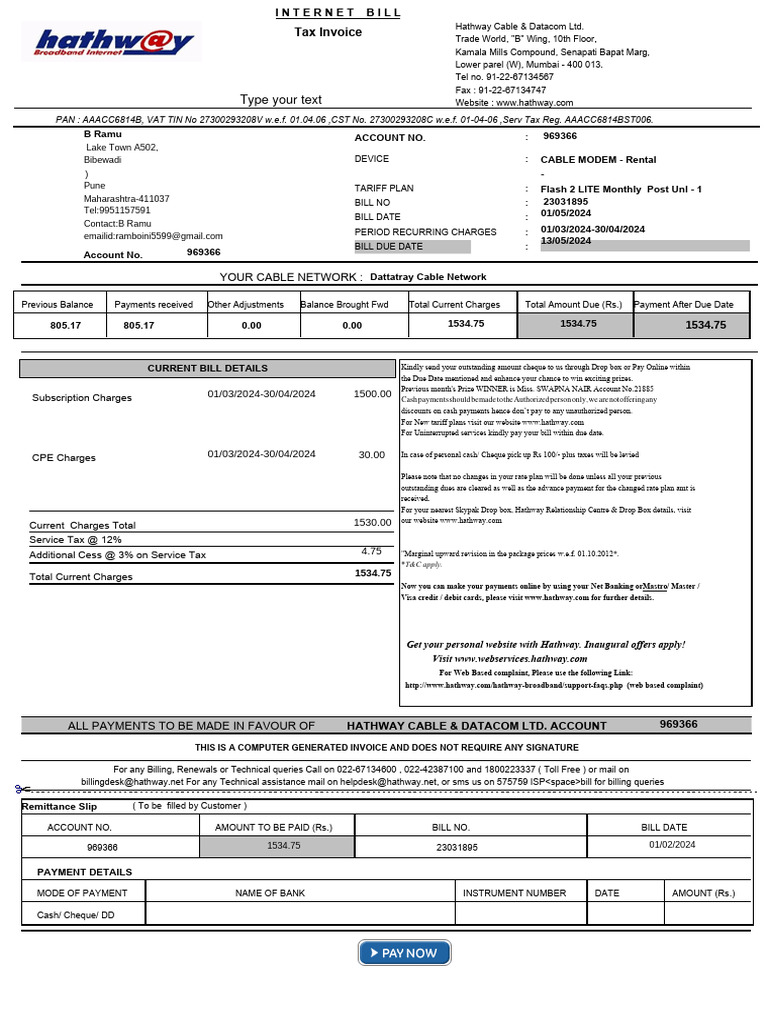 Hathway Internet Bill Format | PDF | Payments | Cheque