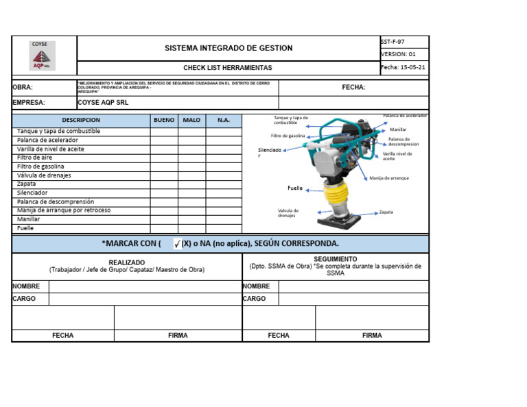 FORMATO CHECK LIST COMPACTADOR CANGURO | PDF | Motor de combustión ...