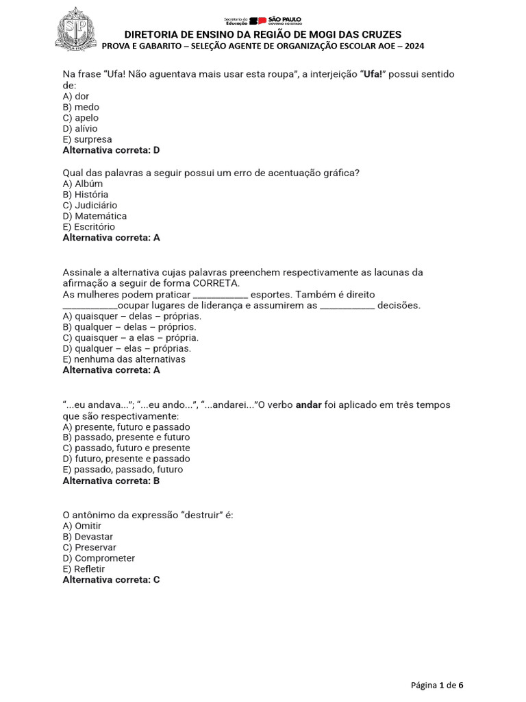 Gabarito e Prova Agente de Organizao Escolar Aoe 2024 - Demgc - 11 04 ... Gabarito e Prova Agente de Organizao Escolar Aoe 2024 - Demgc - 11 04 ...