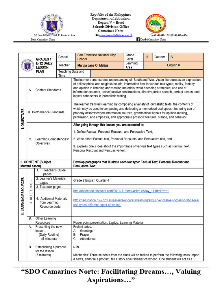 Grade 8 - Factual Text, Personal Recount and Persuasive Text | Download ...
