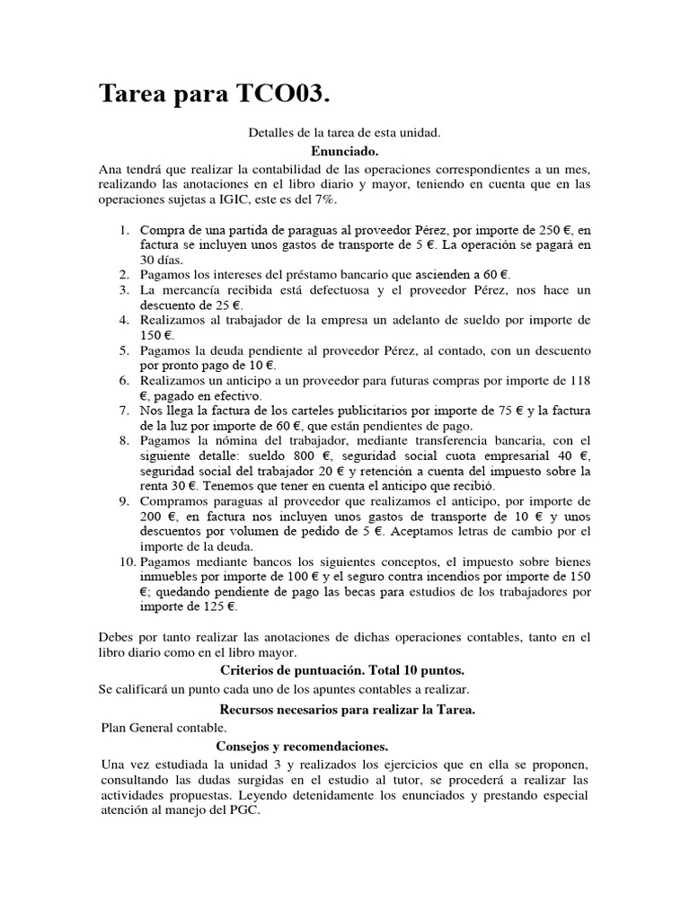 Tarea Contable TCO03: Anotaciones y PGC | PDF | Factura | Contabilidad