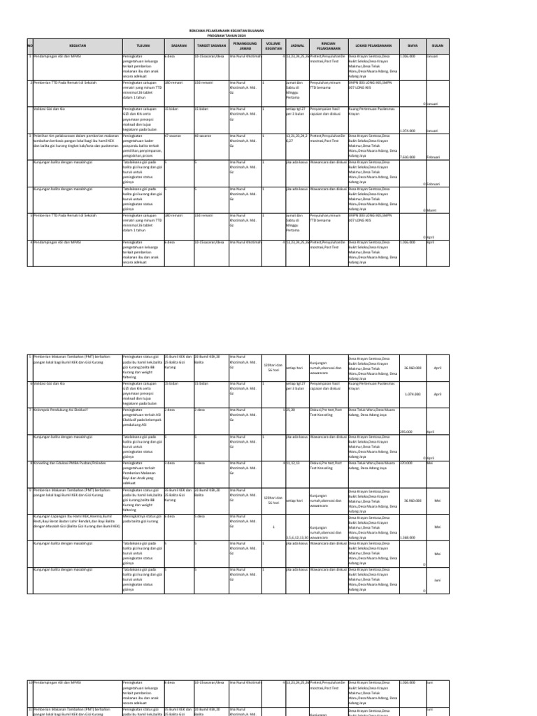 Format RPK Tahunan Dan Bulanan 2024 Program Gizi | PDF