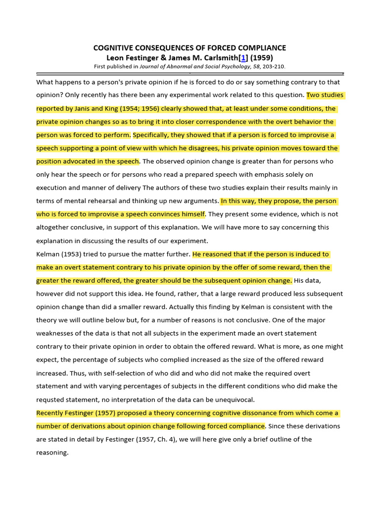 CognitiveDissonance Festinger | PDF | Experiment | Thought