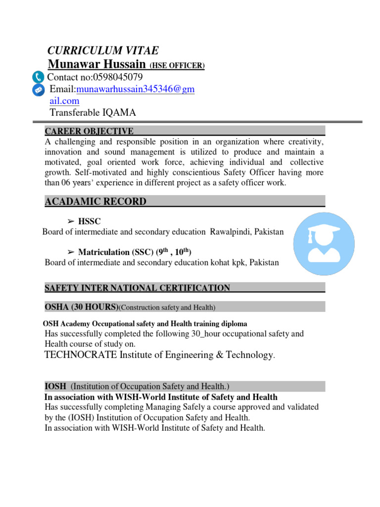 Munawar Hussain HSE Oficer | PDF | Occupational Safety And Health | Workplace