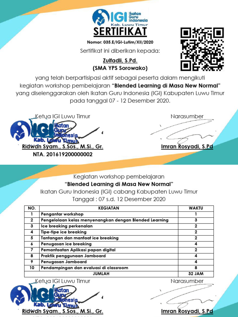 Sertifikat Workshop Blended Learning Zulfadli, S.Pd. | PDF