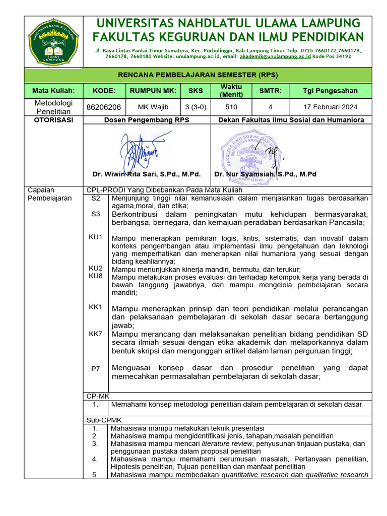 RPS Genap 2024 Metodologi Penelitian Edit | PDF | Karier & Perkembangan | Seni