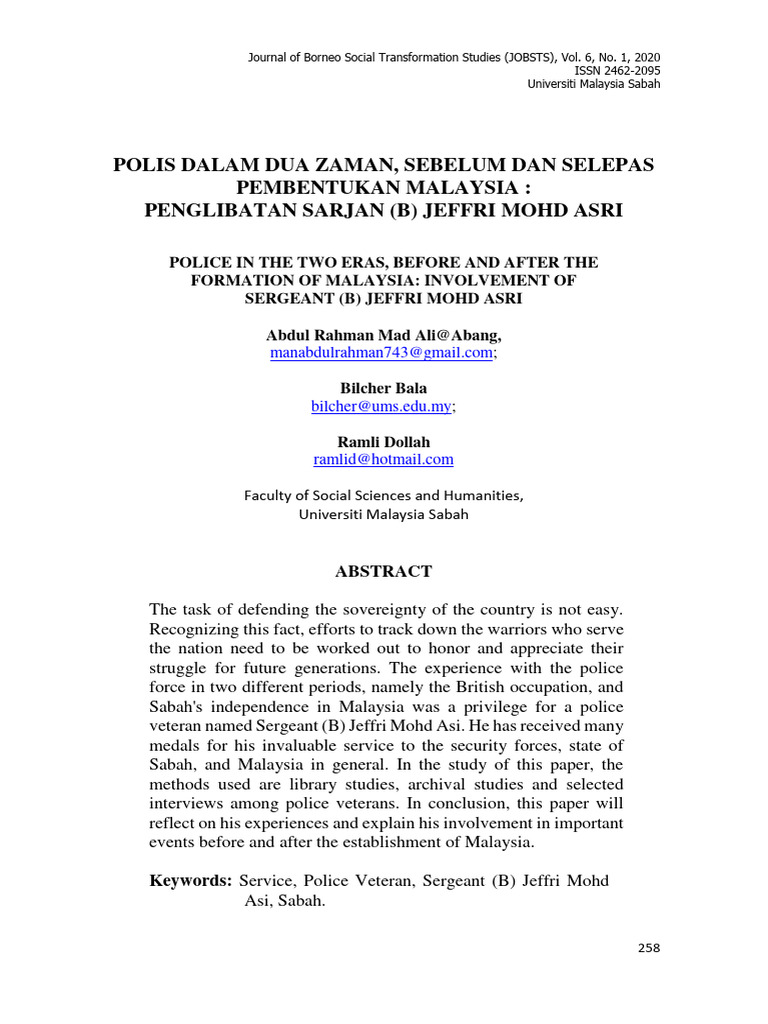 Polis Dalam Dua Zaman, Sebelum Dan Selepas Pembentukan Malaysia: Penglibatan Sarjan (B) Jeffri ...