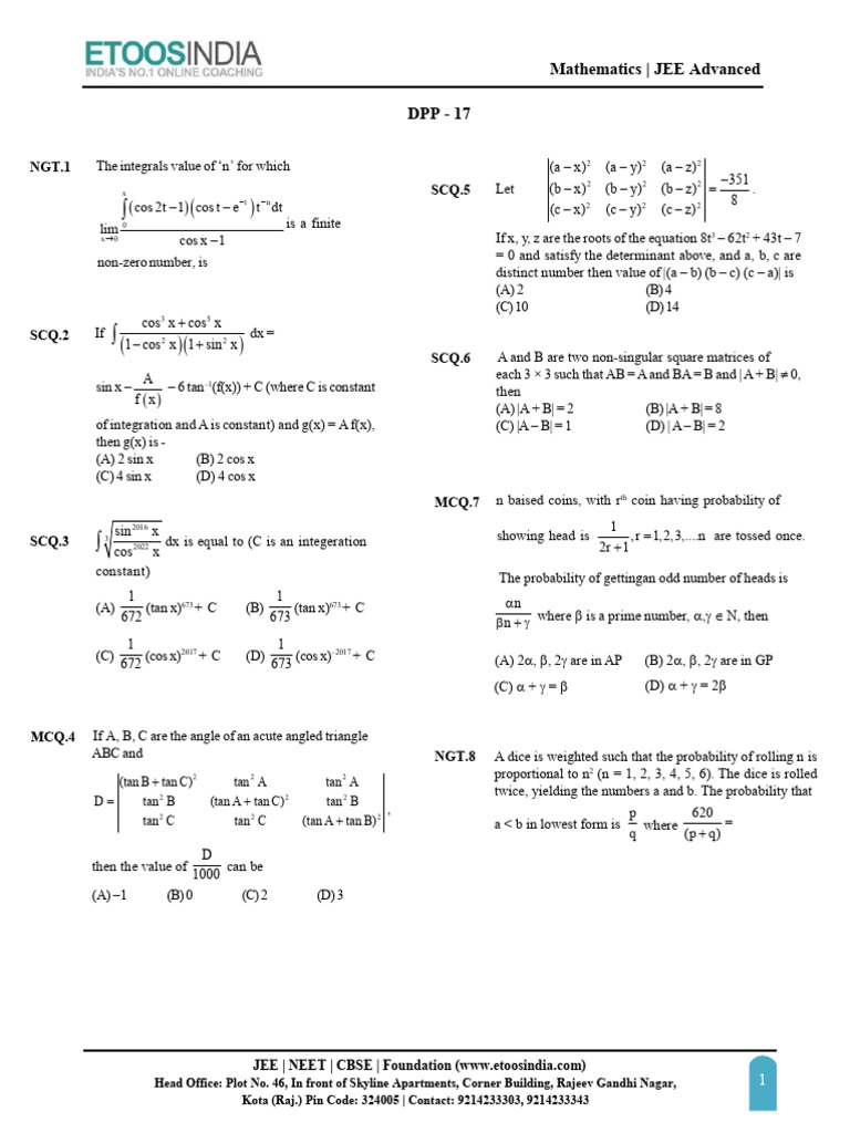 DPP-17 - JEE Advanced PDF | PDF | Trigonometric Functions | Probability