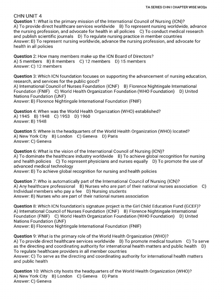 CHN Unit 4 Mcqs by Ta Series | PDF