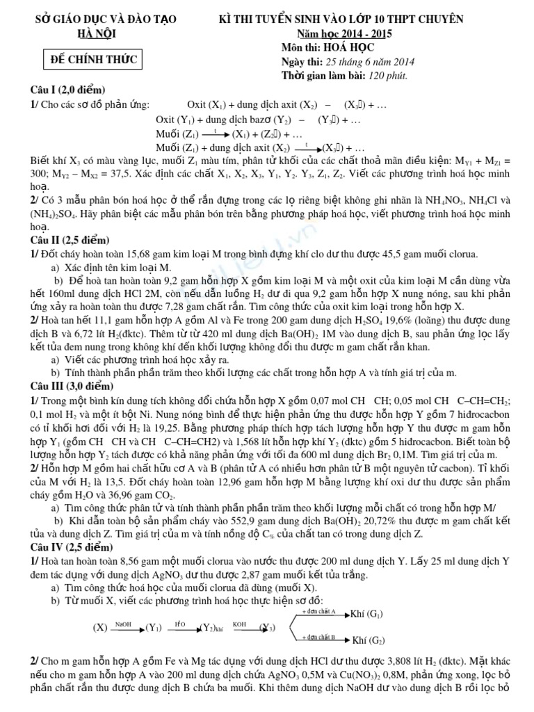 De Thi Vao Chuyen Hoa 7219 | PDF