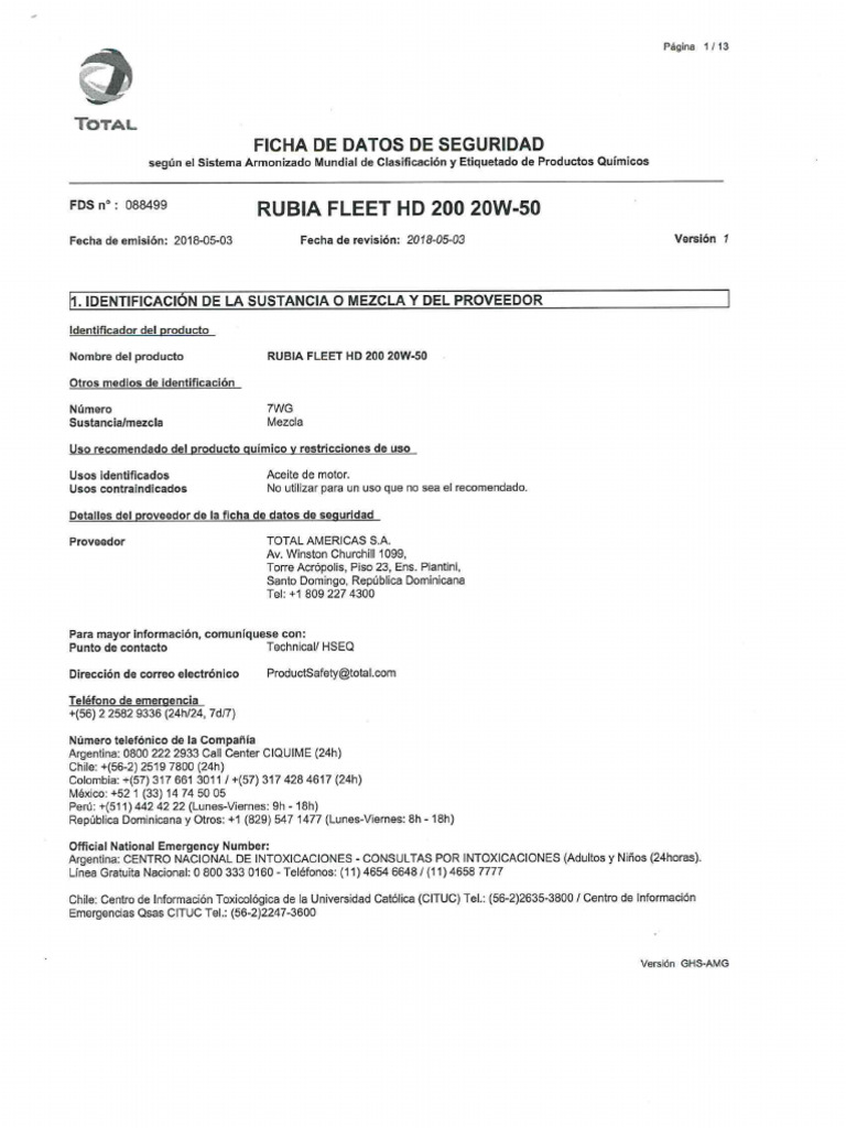 Hoja de Seguridad 20W50 | PDF