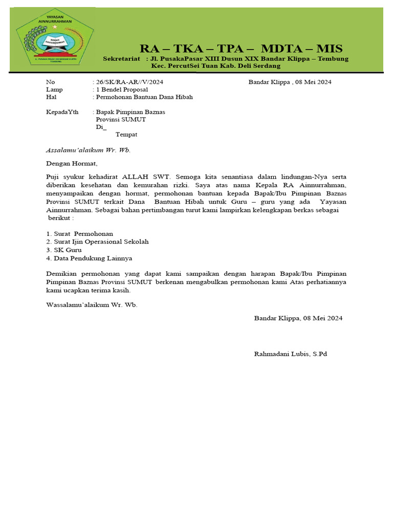 Surat Permohonan Kepala sekolah Baznas | PDF Surat Permohonan Kepala sekolah Baznas | PDF