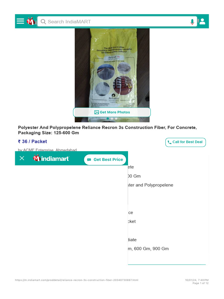 Polyester and Polypropelene Reliance Recron 3s Construction Fiber, For ...