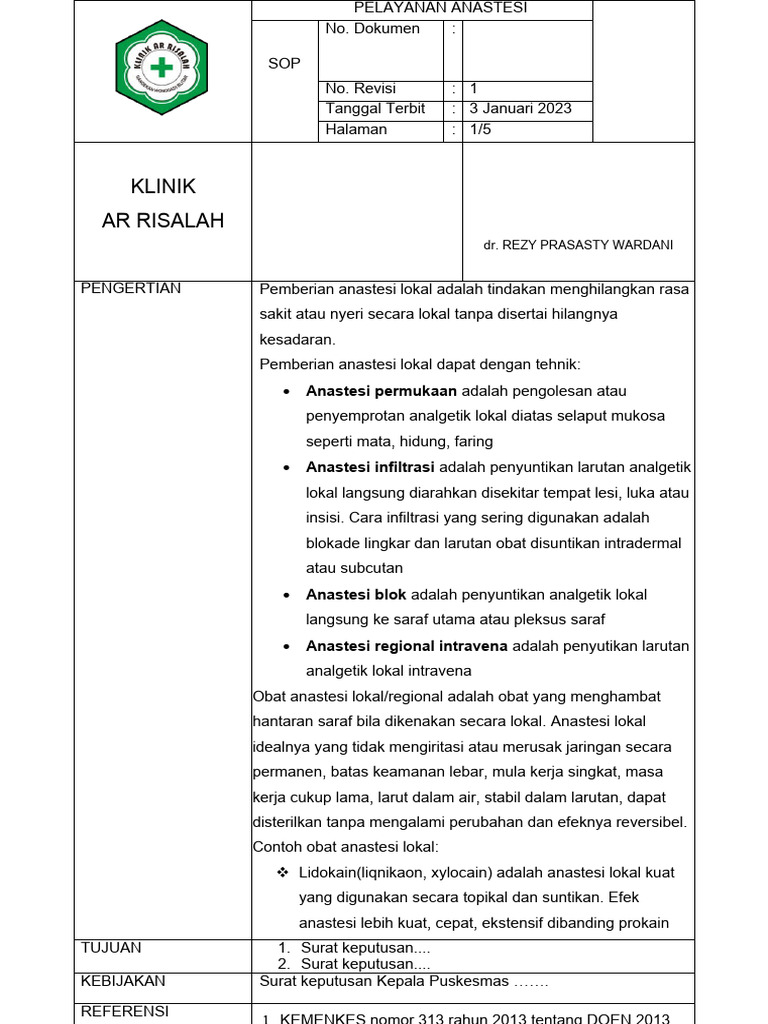 SOP Anastesi Lokal di Klinik | PDF