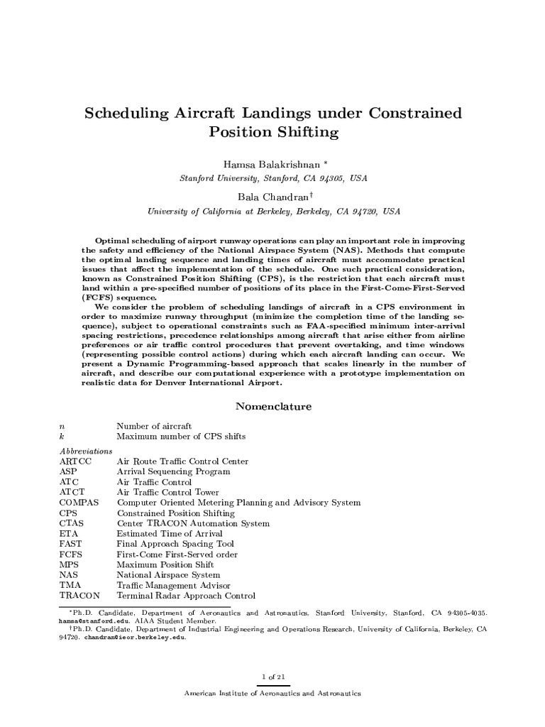 Scheduling Aircraft Landings Under Constrained Position Shifting | PDF