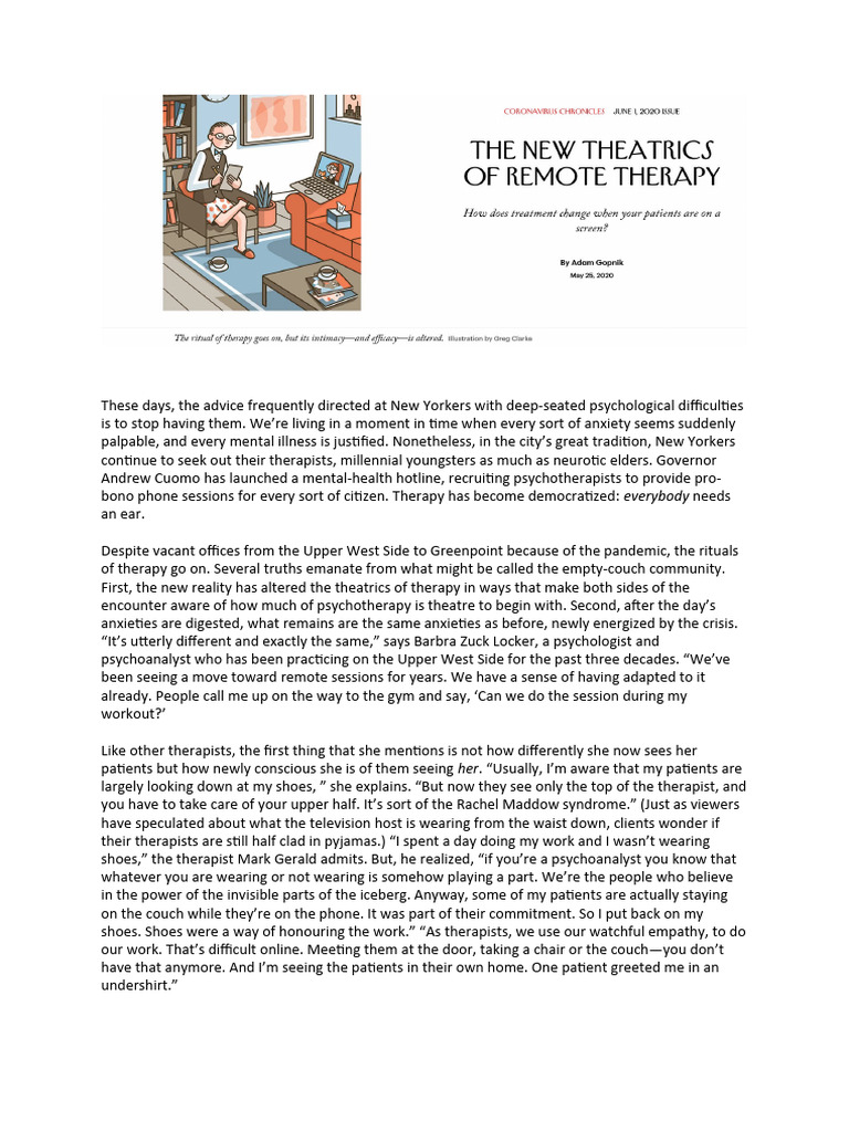 The New Theatrics of Remote Therapy | PDF | Psychotherapy | Psychology