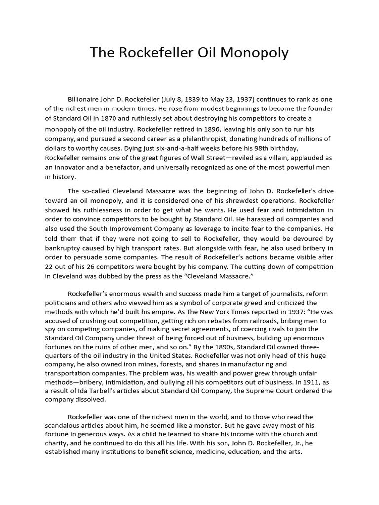 The Rockefeller Oil Monopoly | PDF | John D. Rockefeller | Standard Oil