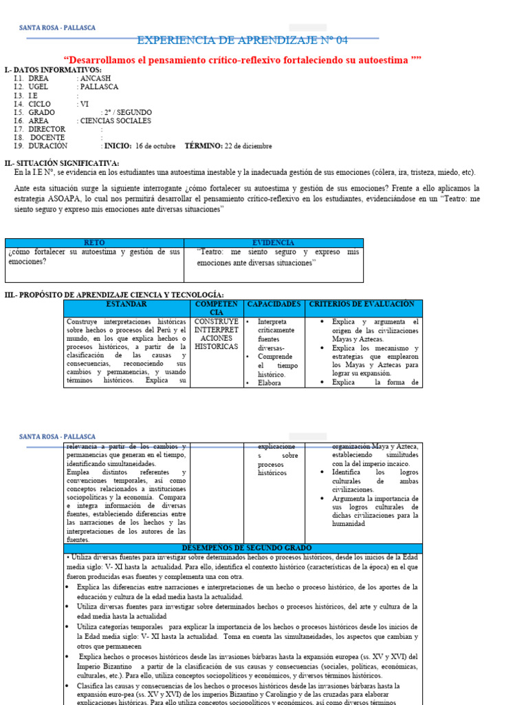 2° Experiencia de Aprendizaje #04 - .CC - SS | PDF | Aprendizaje | Las emociones
