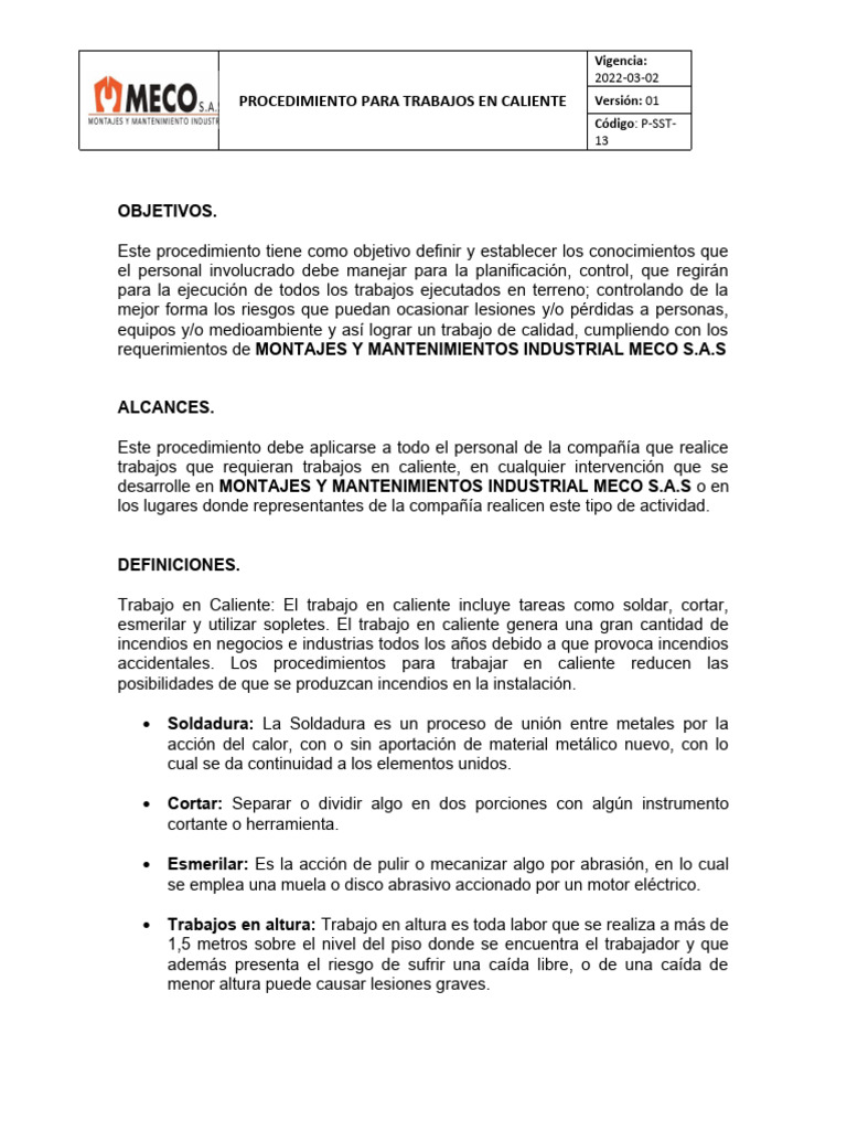 P-SST-13 Procedimientos para Trabajos en Caliente | PDF | Soldadura ...