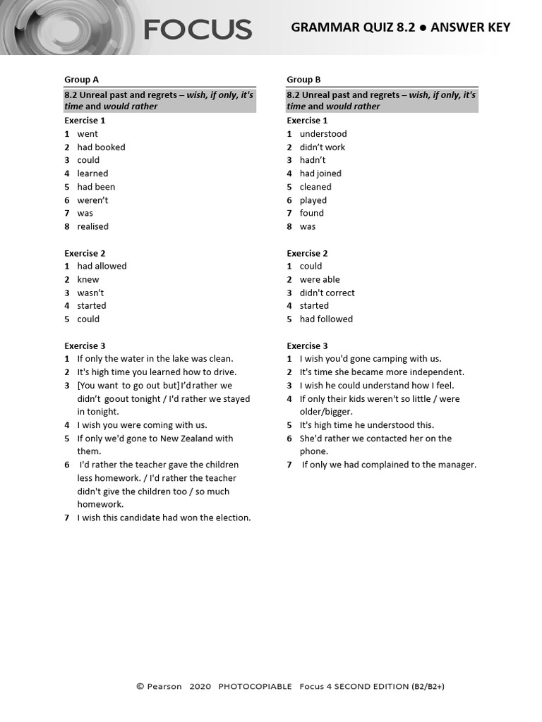 Focus4 2E Grammar Quiz Unit8 2 GroupA B ANSWERS | PDF