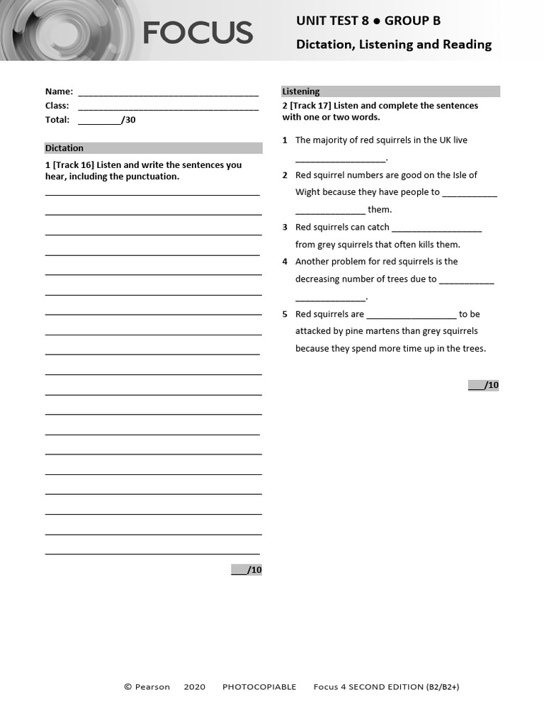 Focus4 2E Unit Test Dictation Listening Reading Unit8 GroupB | PDF
