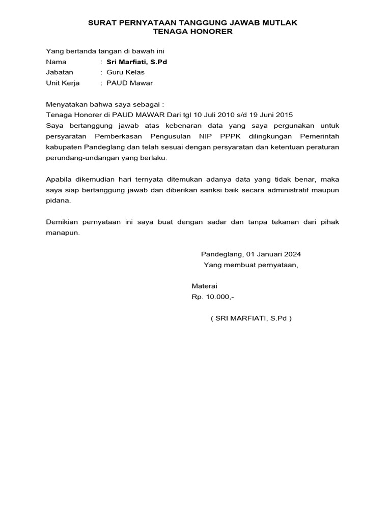 Contoh SPTJM Tenaga Honorer Non Asn 2023 | PDF