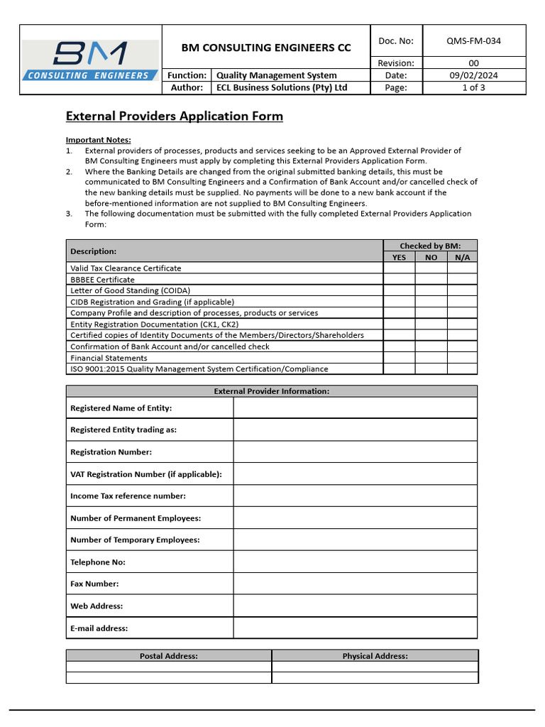 QMS-FM-034 Rev00 - External Providers Application Form | PDF | Quality ...
