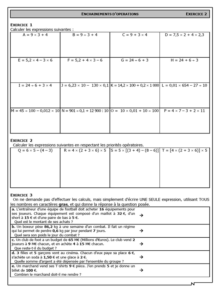 Exercices sur la priorité des opérations | PDF