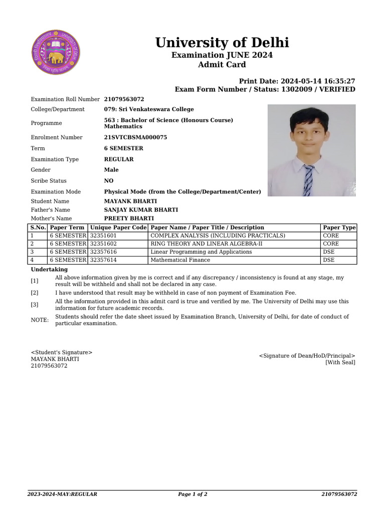 Delhi University Admit Card 2024 | PDF